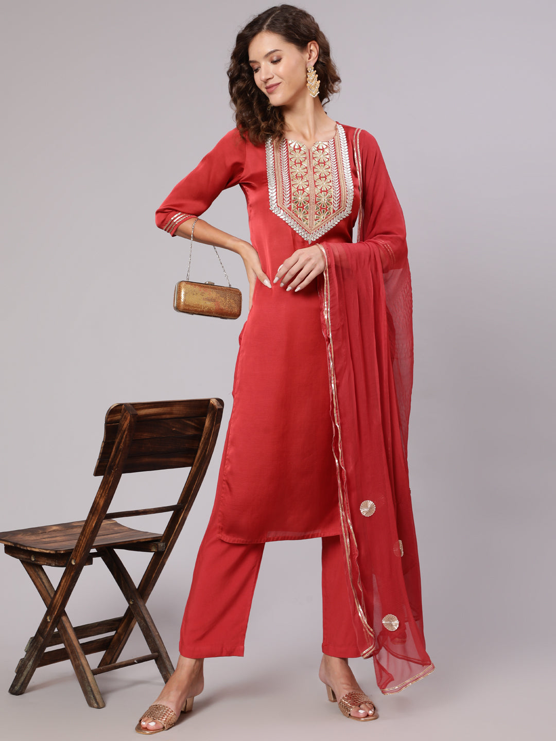 Buy Rust Gota Pati Kurta With Pants And Dupatta - Jaipur Kurti ...